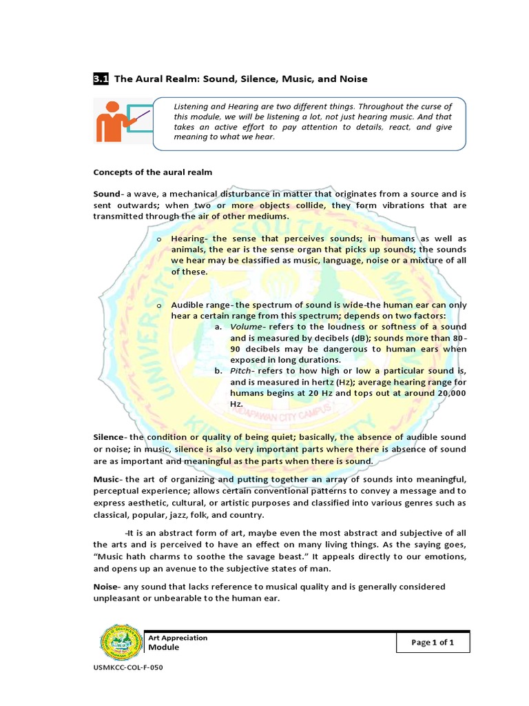 Lesson 3.1 The Aural Realm. Sound, Silence, Music, and Noise | PDF ...