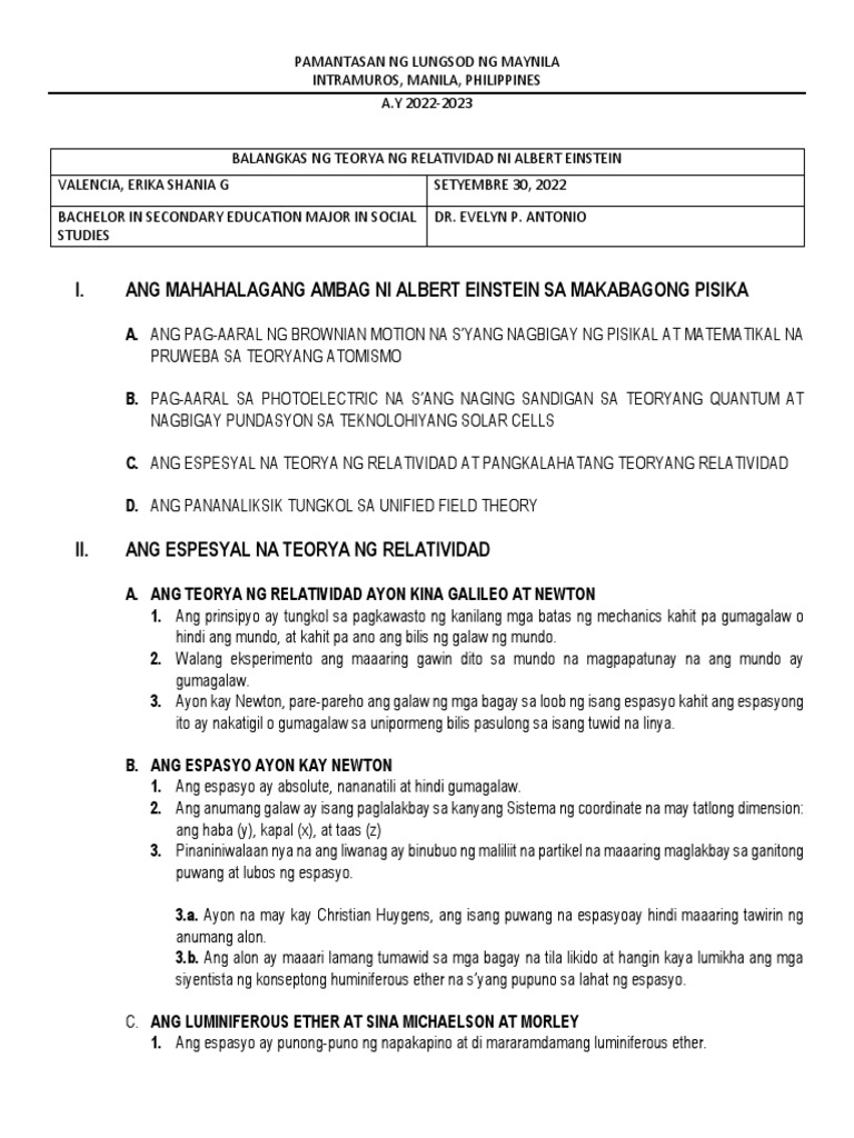 Balangkas NG Teorya NG Relatividad Ni Einstein | PDF