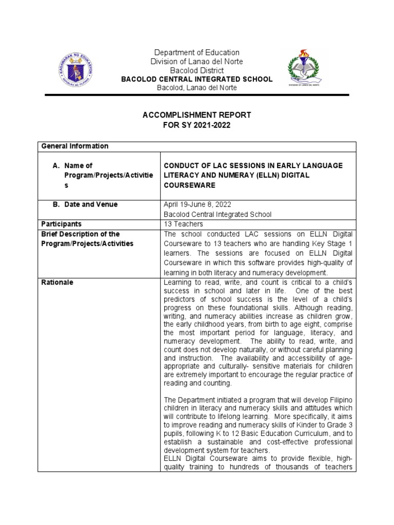 Accomplishment Report ELLN | PDF | Literacy | Learning