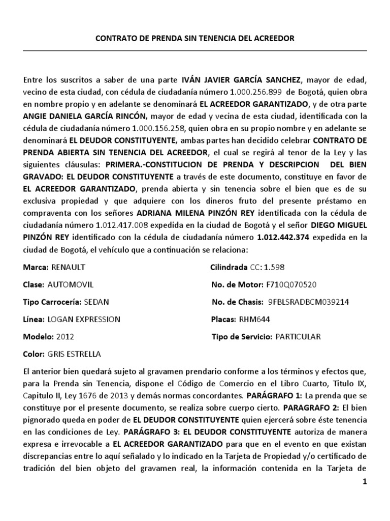 Contrato de Prenda | PDF | Pagos | Póliza de seguros