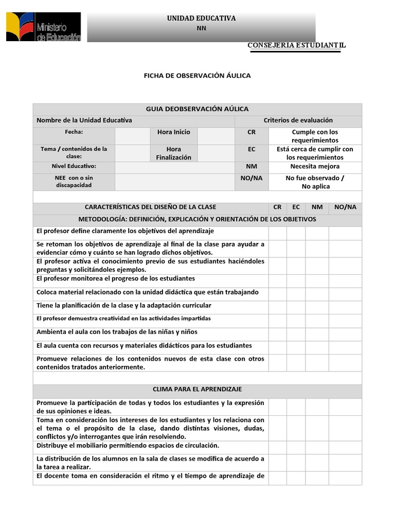 fICHA DE OBSERVACIÓN AULICA | Descargar gratis PDF | Maestros | Aprendizaje