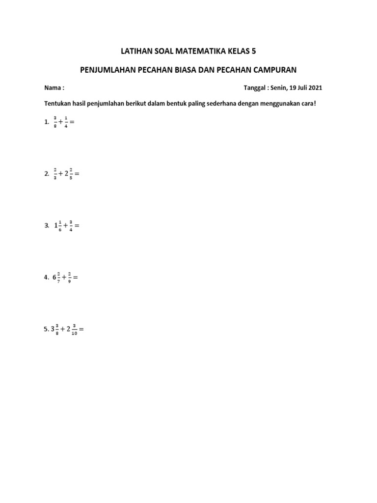 Latihan Soal Matematika Pecahan Kelas 5 | PDF