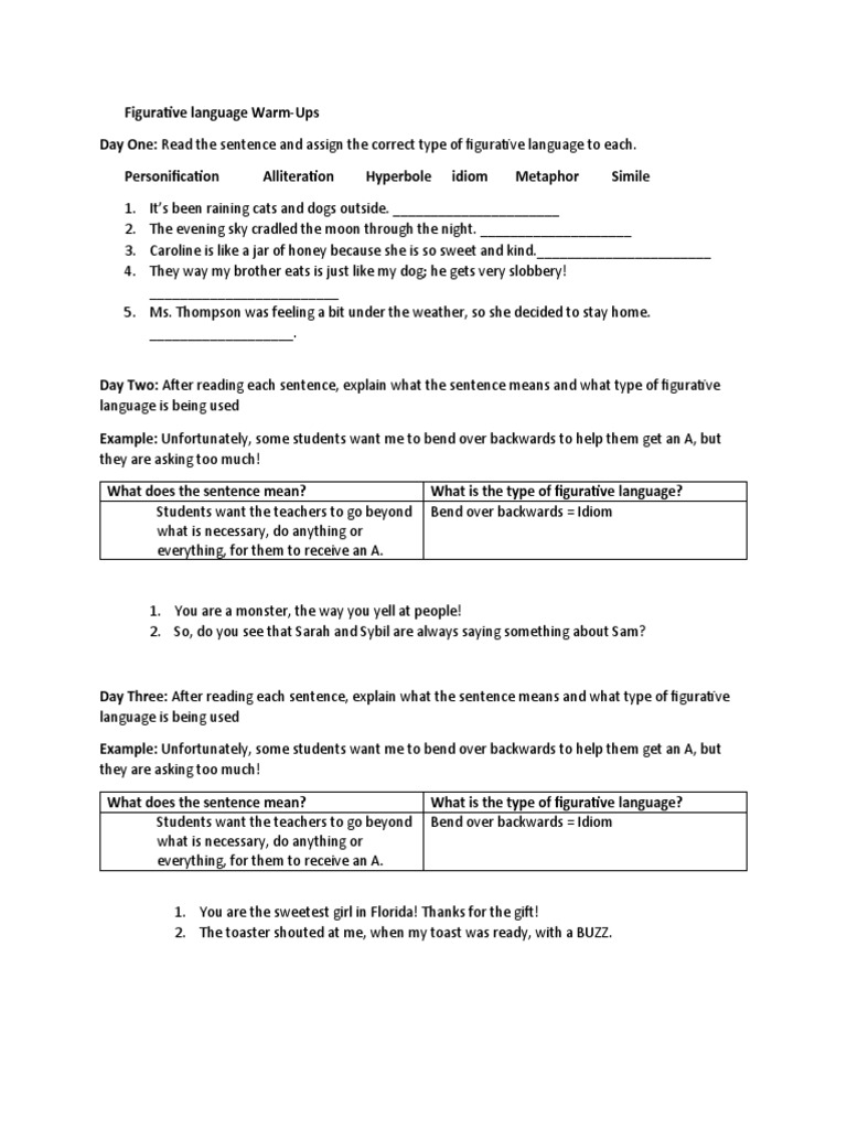 4FigurativeLanguageWarmUps 1 | PDF | General Fiction