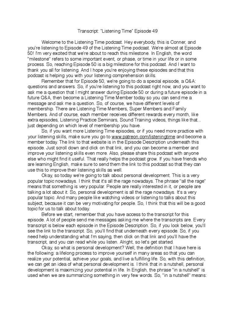 Episode 49 Transcript - Listening Time | PDF | Goal | Sleep