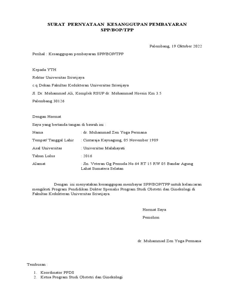 Surat Pernyataan Kesanggupan Pembayaran SPP | PDF