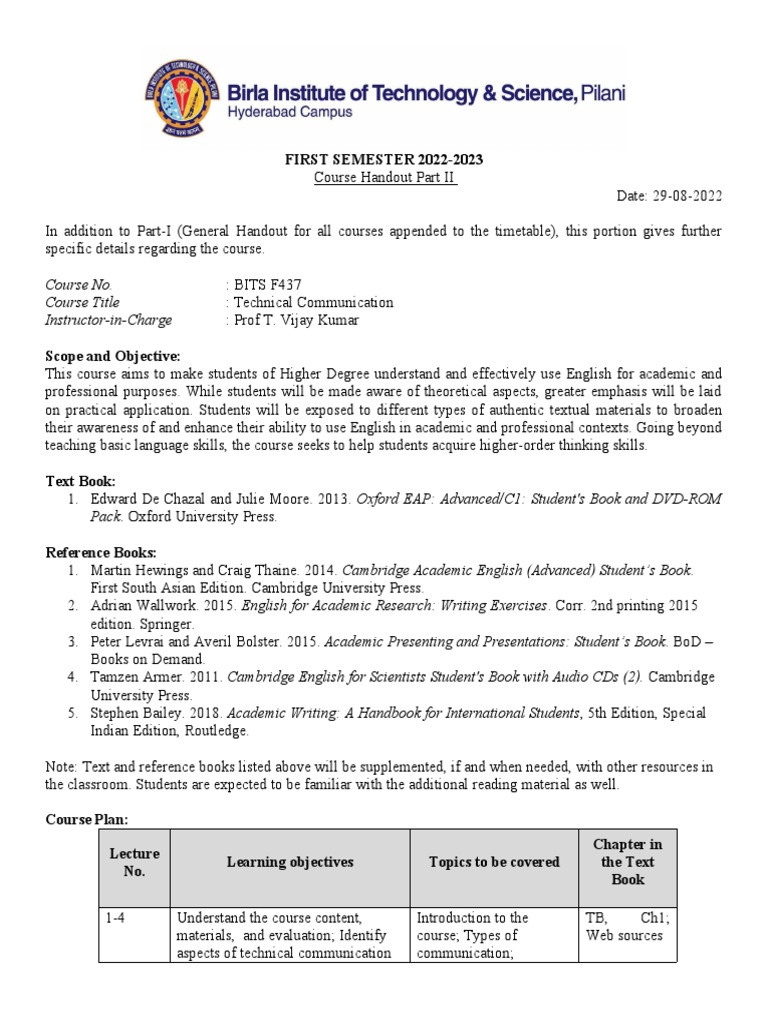 BITS F437 Course Handout | PDF | Academic Dishonesty | Technical ...