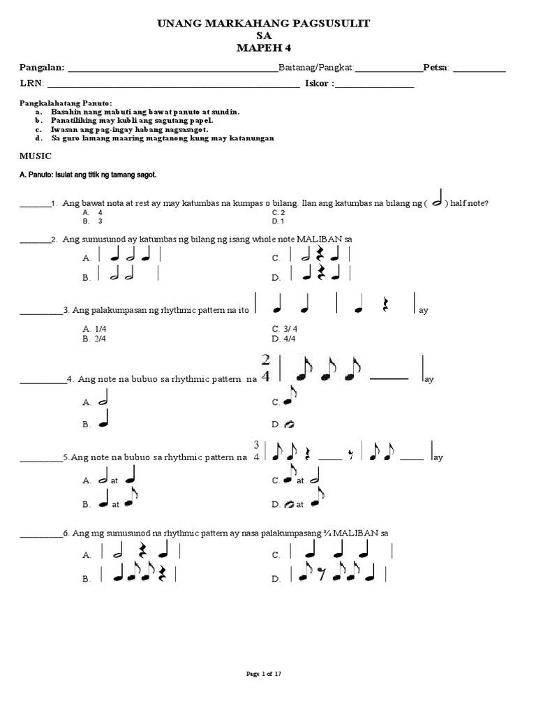 PT - TOS - MAPEH AND FILIPINO 1st Quarter | PDF