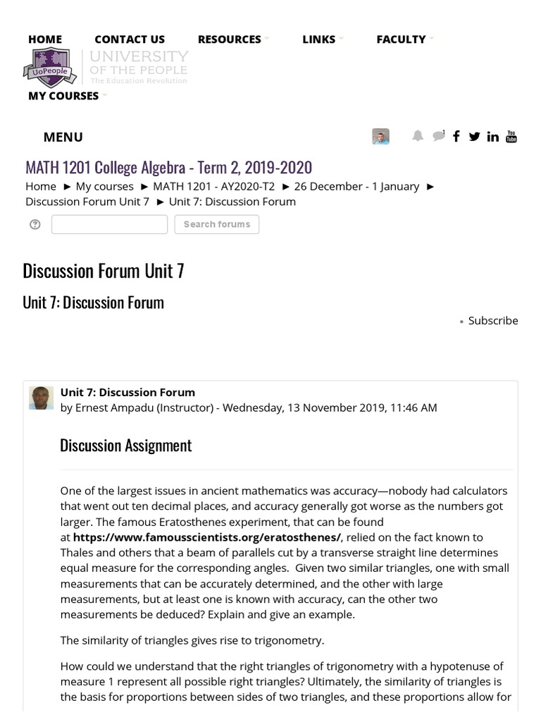 MATH 1201 - AY2020-T2 - Unit 7 - Discussion Forum | PDF | Trigonometric ...