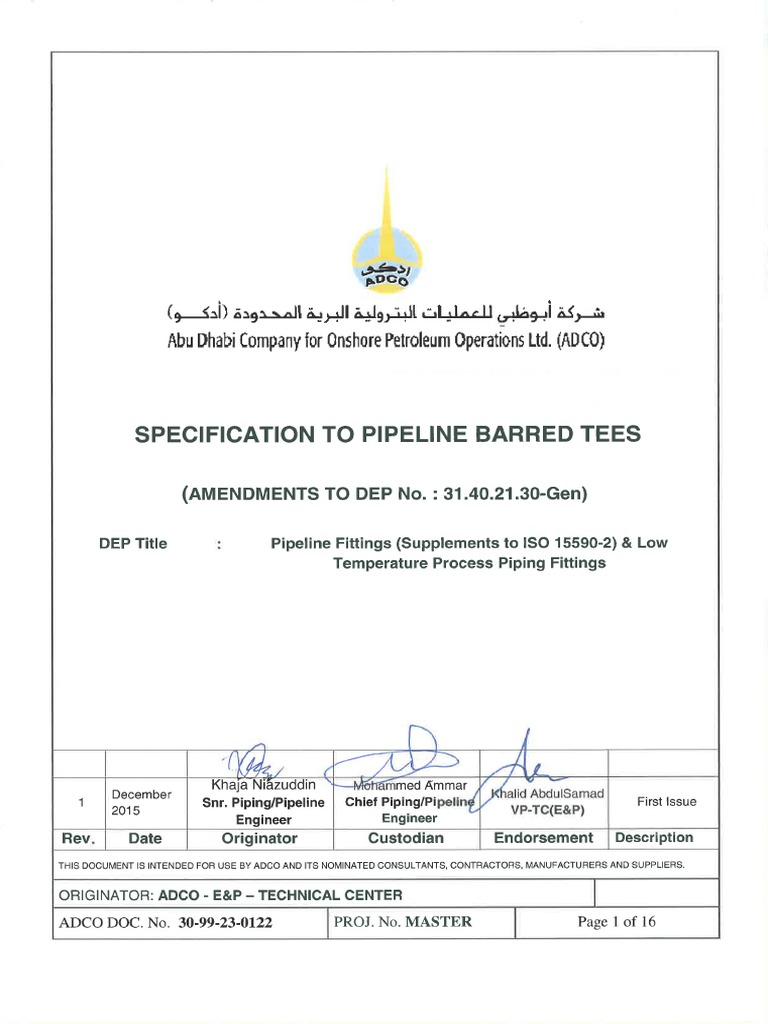 ES-30-99-23-0122 - Specification For Pipeline Barred Tee | PDF | Pipe ...