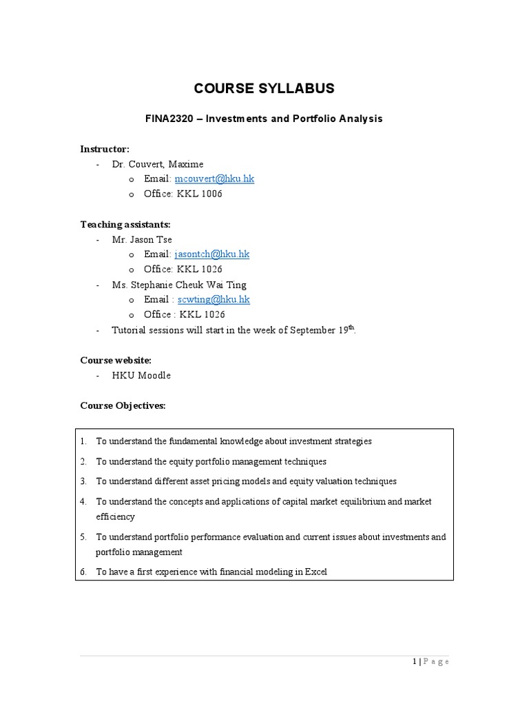 Syllabus | PDF | Capital Asset Pricing Model | Modern Portfolio Theory