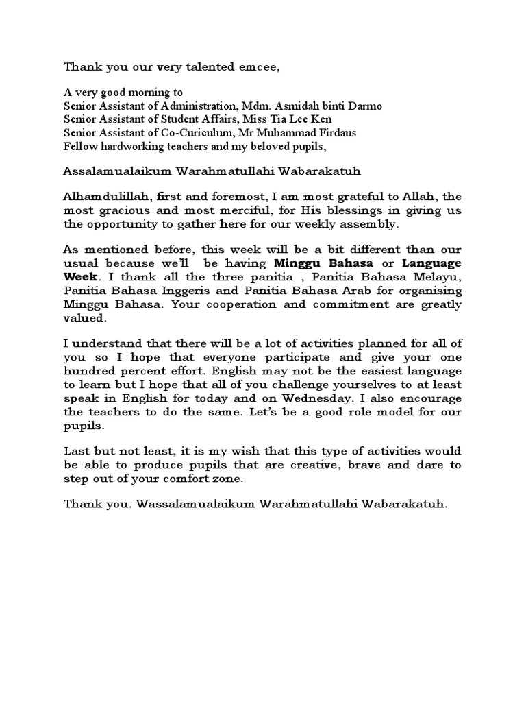 Headmaster Speech Text For English Week | PDF