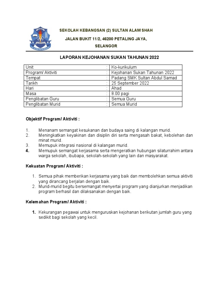 Laporan Kejohanan Sukan Tahunan Kali Ke | PDF