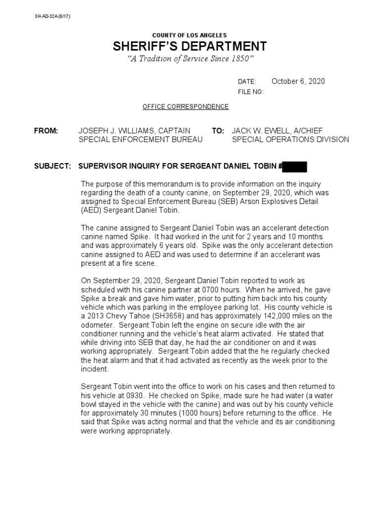 Sheriff's Department's Memorandum On Death of Police Dog | PDF
