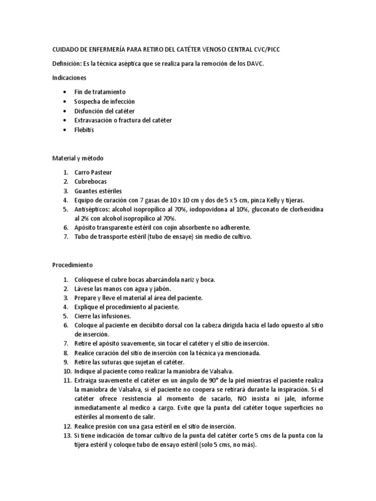 Cuidado de Enfermería para Retiro Del Catéter Venoso Central CVC | PDF ...