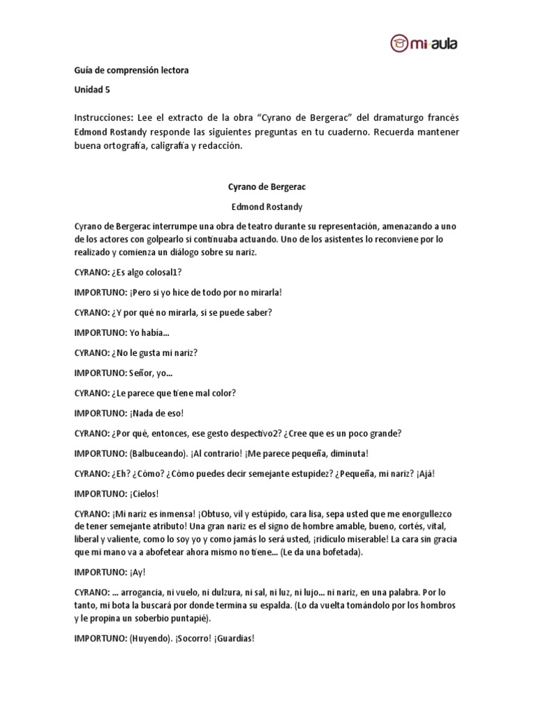 Guia Comprension Lectora Cyrano de Bergerac | PDF