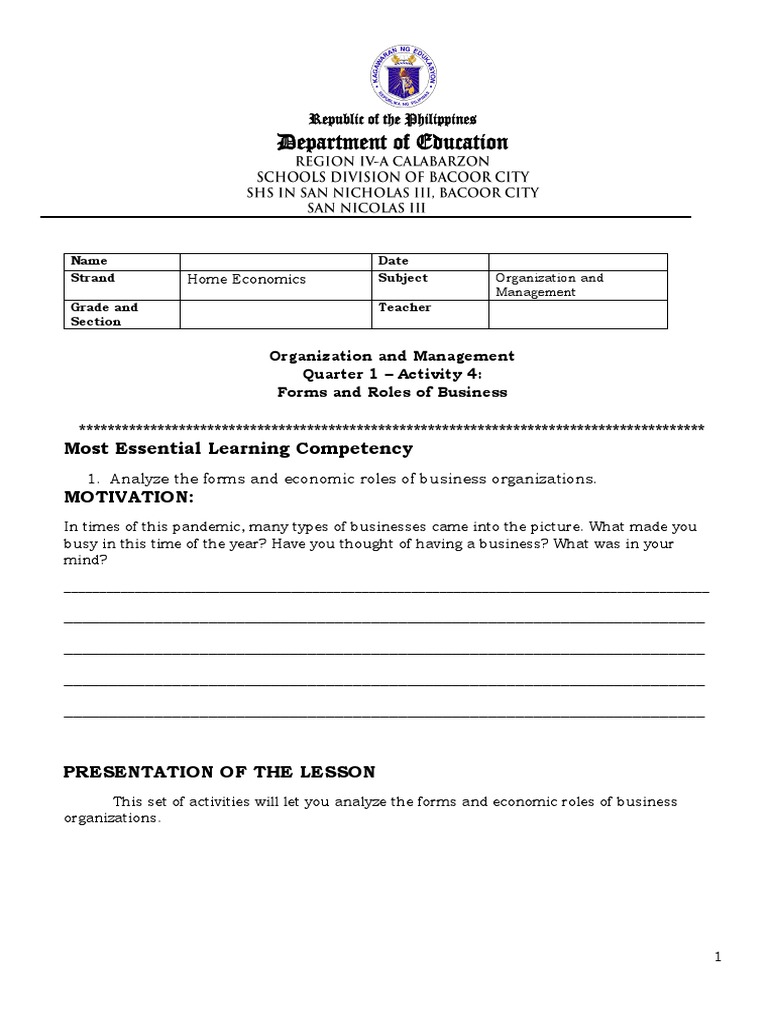 Quarter 1 Week 4 - Organization and Management | PDF | Learning | Goal