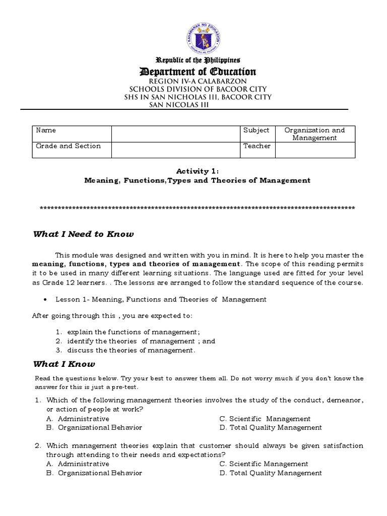 Quarter 1 Week 1 - Organization and Management | PDF | Goal | Employment