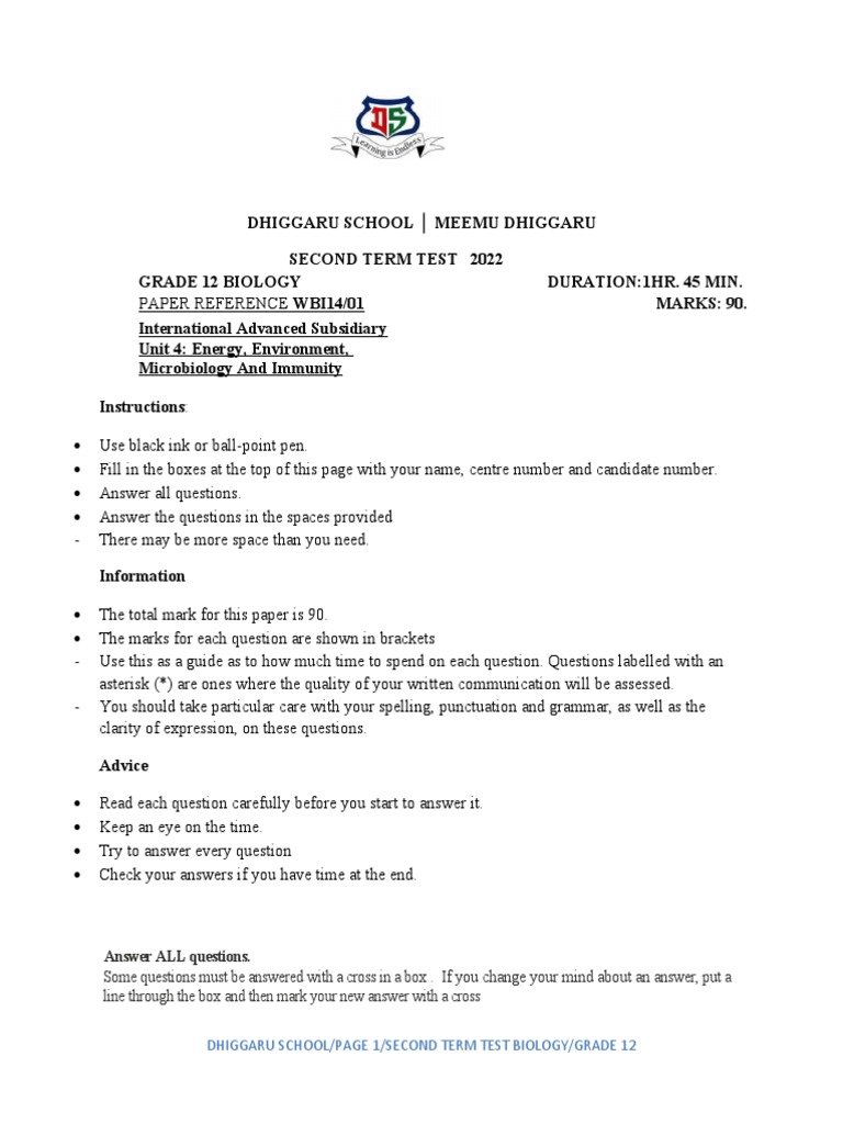 Grade 12 Second Term Test Unit 4 | PDF | Photosynthesis | Nature