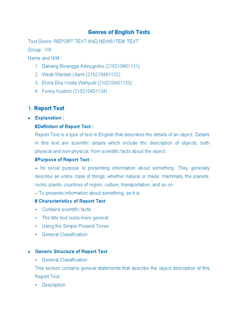 Exploring the Genres of Report Texts and News Items: Characteristics ...