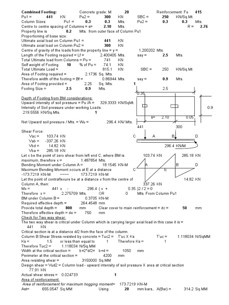 Combined Footing Design Calculations | PDF | Bending | Column