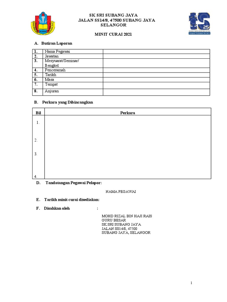 CONTOH MINIT CURAI | PDF