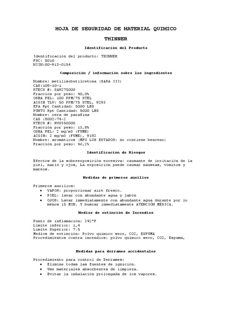 Hoja de Seguridad de Thinner | PDF | Dióxido de carbono | Agua
