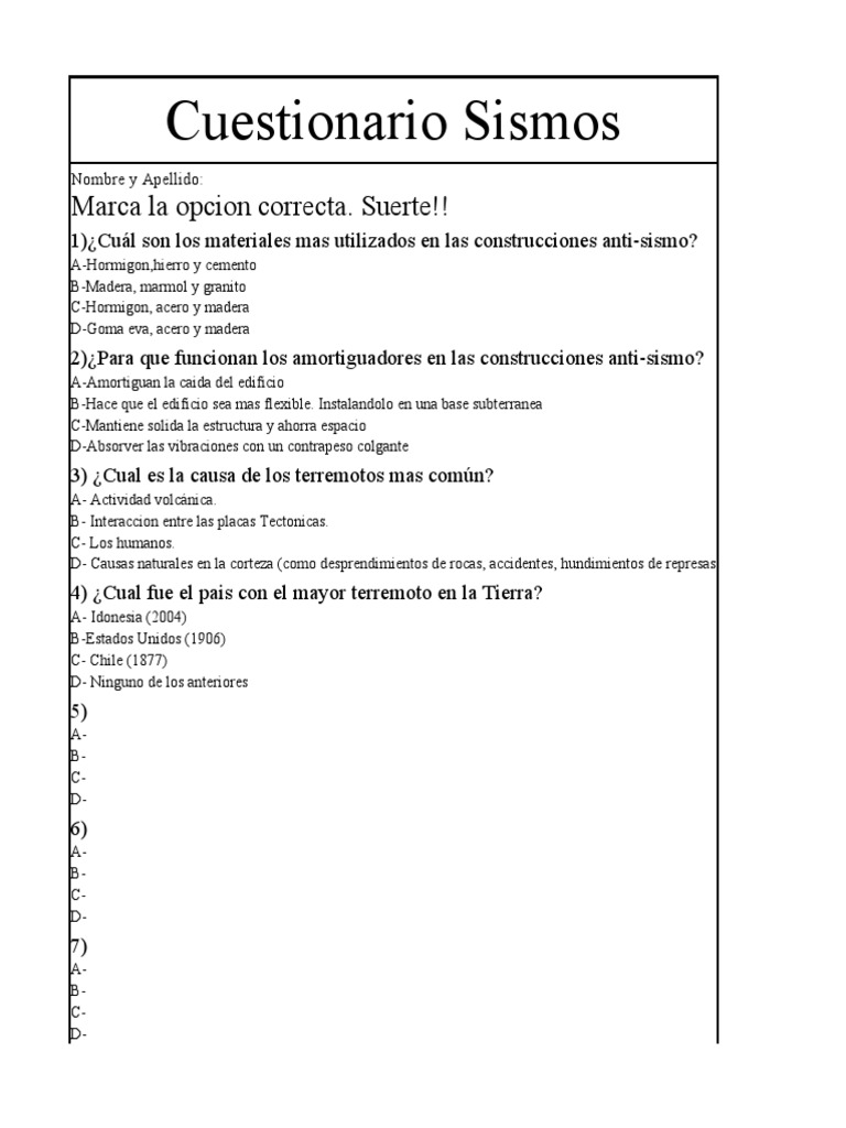 Cuestionario Sismos | PDF Cuestionario Sismos | PDF