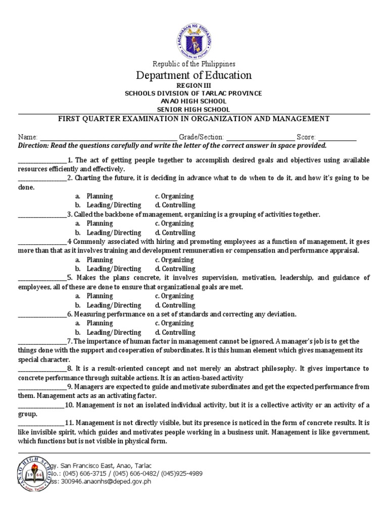 First Quarter Examination | PDF | Organizational Behavior | Psychology