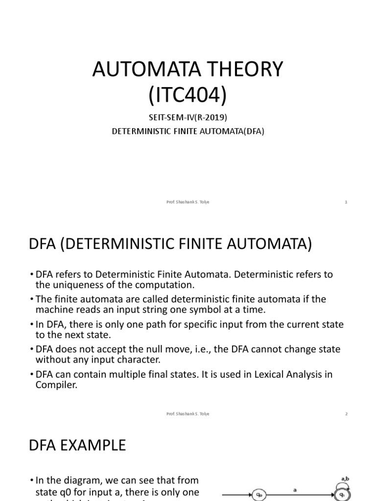 Automata Theory Itc404 Seit Sem Iv R 2019 Deterministic Finite Automata Dfa Pdf