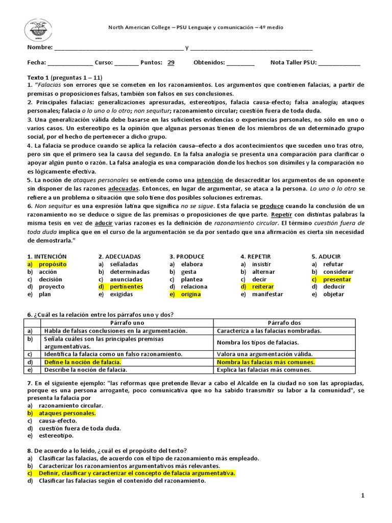 Prueba PSU T. Argumentativos. | PDF | Falacia | Razón
