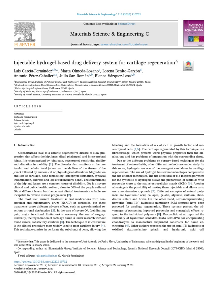2020 - Mat Sci Eng C 110, 110702 | PDF | Cartilage | Osteoarthritis