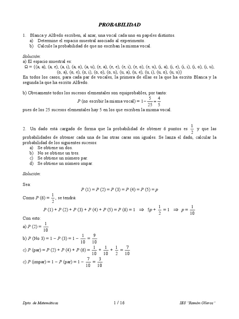 PROBABILIDAD. 2. Un Dado Está Cargado de Forma Que La Probabilidad de Obtener 6 Puntos Es 1 2 ...