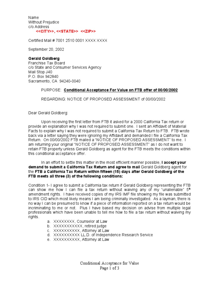 Conditional Acceptance of FTB Tax Notice | PDF | Tax Return (United ...