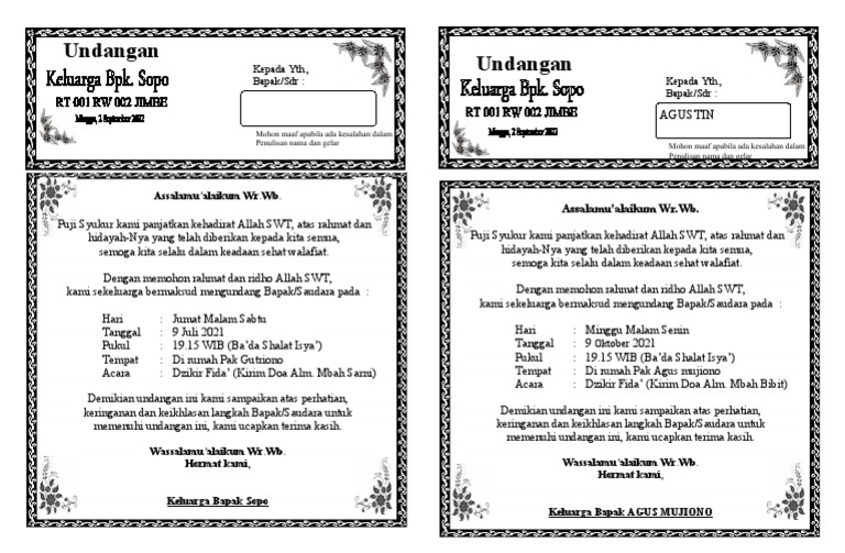 Undangan Kenduri Dzikir Fida | PDF