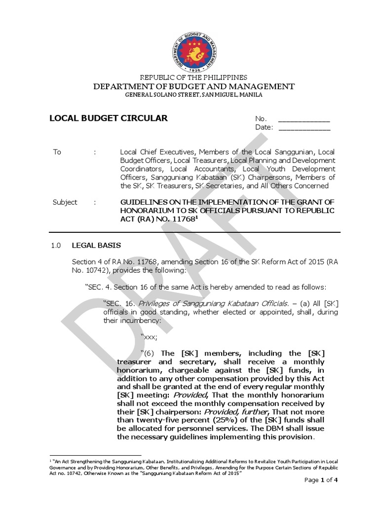 Draft Local Budget Circular Re Grant of Honorarium To SK Officials - v1 ...