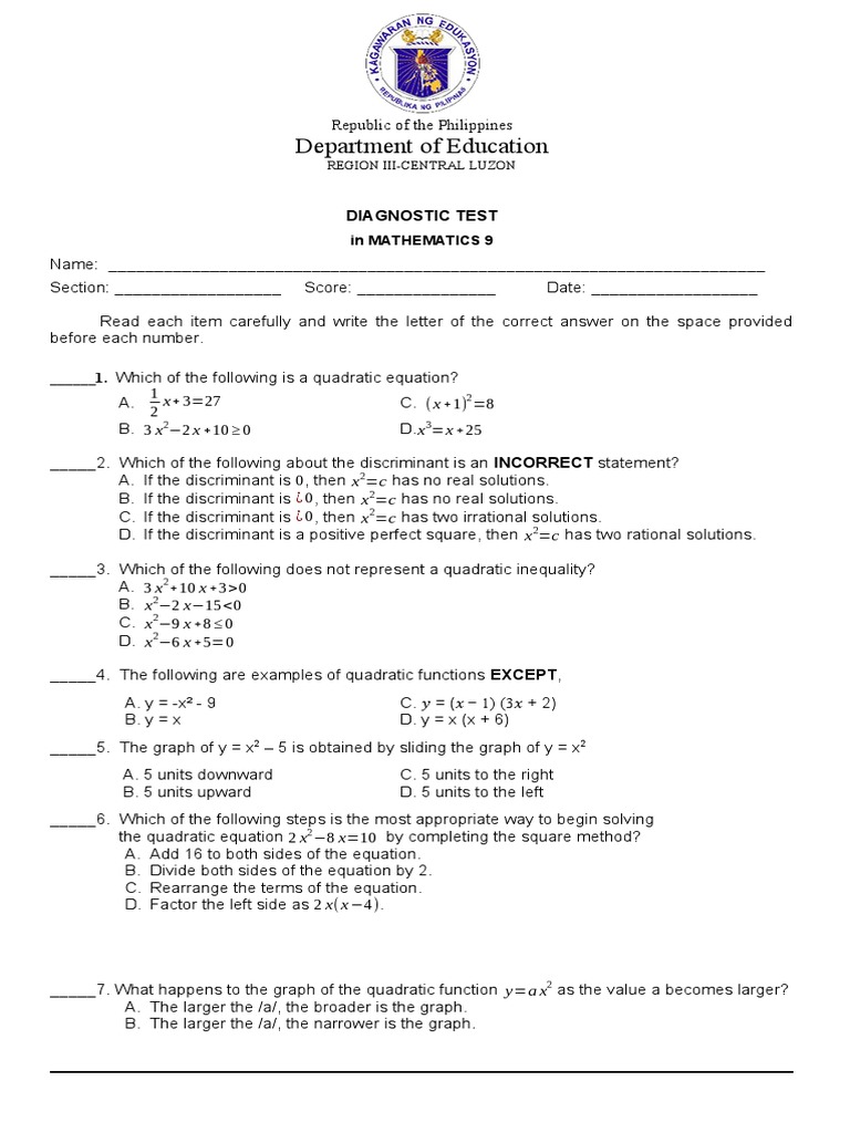 Diagnostic Test in Mathematics 9: Analyzing Quadratic Functions ...