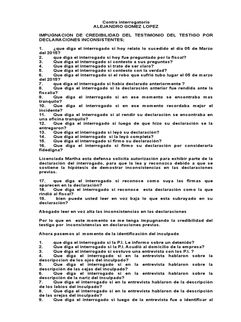 Contra Interrogatorio Testigo | PDF | Derecho