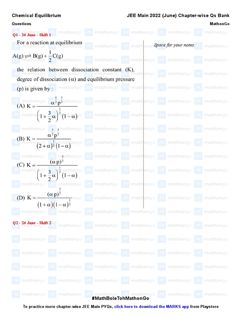 Chemical Equilibrium - JEE Main 2022 Chapter Wise Questions by MathonGo | PDF