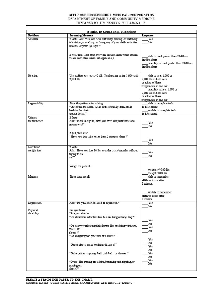 10-MINUTE-GERIATRIC-SCREENER | PDF | Hearing | Urinary Incontinence