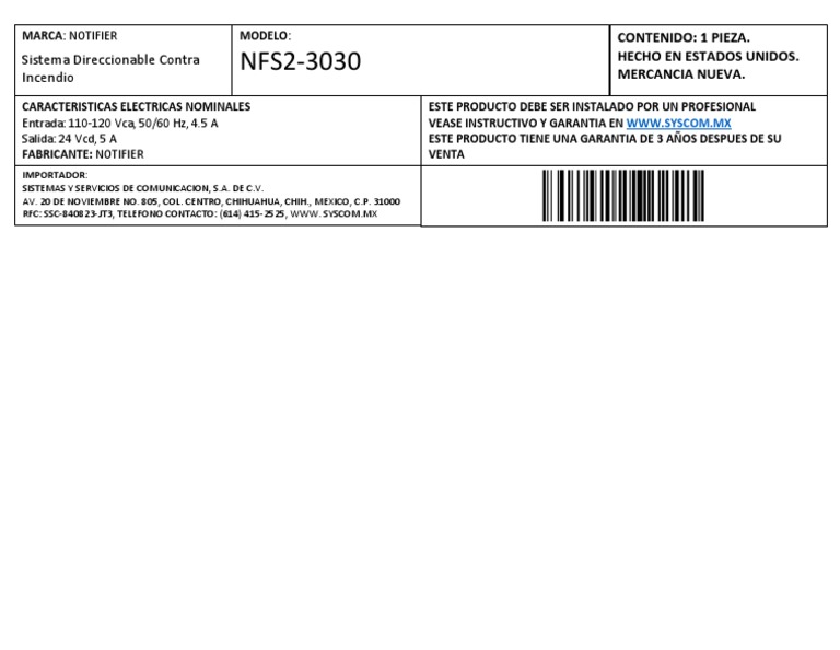 NFS2-3030 Etiqueta | PDF