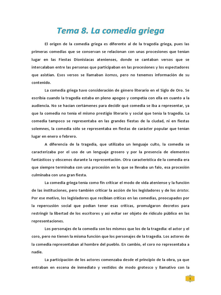 Tema 8. Comedia Griega | PDF | Comedia | Aristófanes
