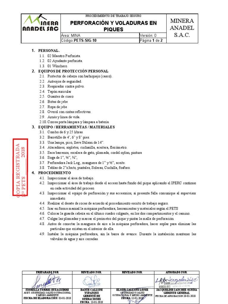 Procedimiento Seguro Perforación Piques | PDF | Perforación | Herramientas de corte