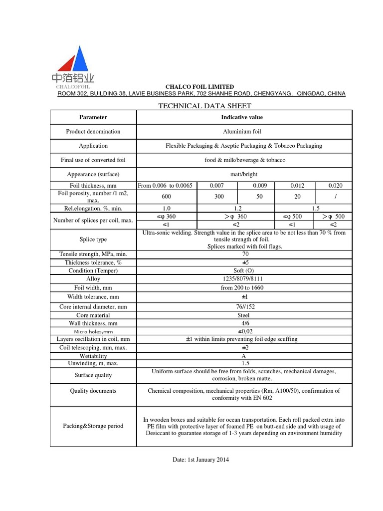 TDS - CHALCOFOIL Soft | PDF | Aluminium Foil | Sheet Metal