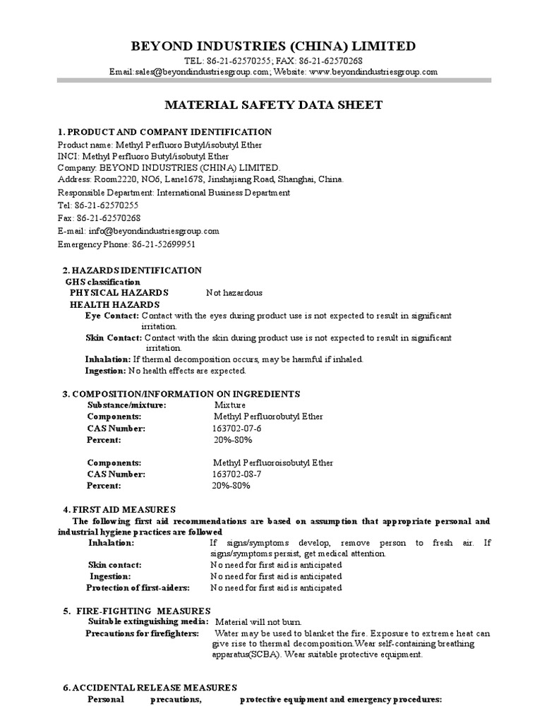 MSDS of Methyl Perfluorobutylisobutyl Ether | PDF | Personal Protective ...