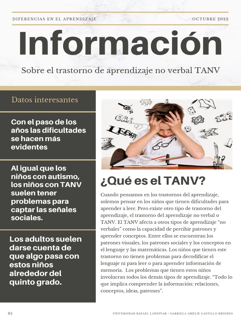 Las cinco áreas clave del trastorno de aprendizaje no verbal (TANV) y cómo tratarlo | PDF ...