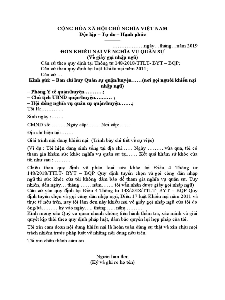 Mau Don Khieu Nai Nghia Vu Quan Su | PDF