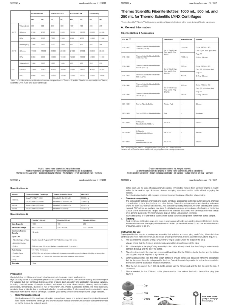 A - Thermo Scientific Fiberlite Bottles - en | PDF | Centrifuge | Wear