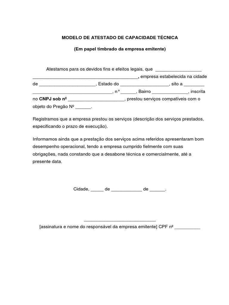 Modelo De Atestado De Capacidade Técnica Pdf