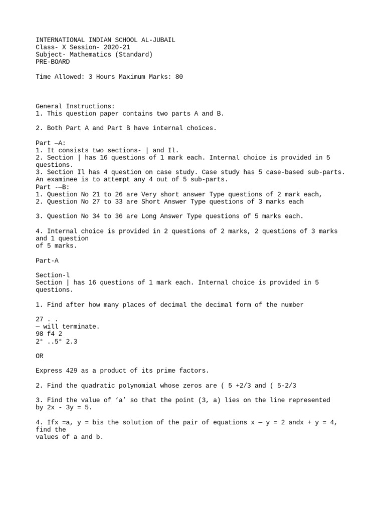 Pre Board Standard Mathematics Class X Question Paper 2020-2021 | PDF | Circle | Triangle