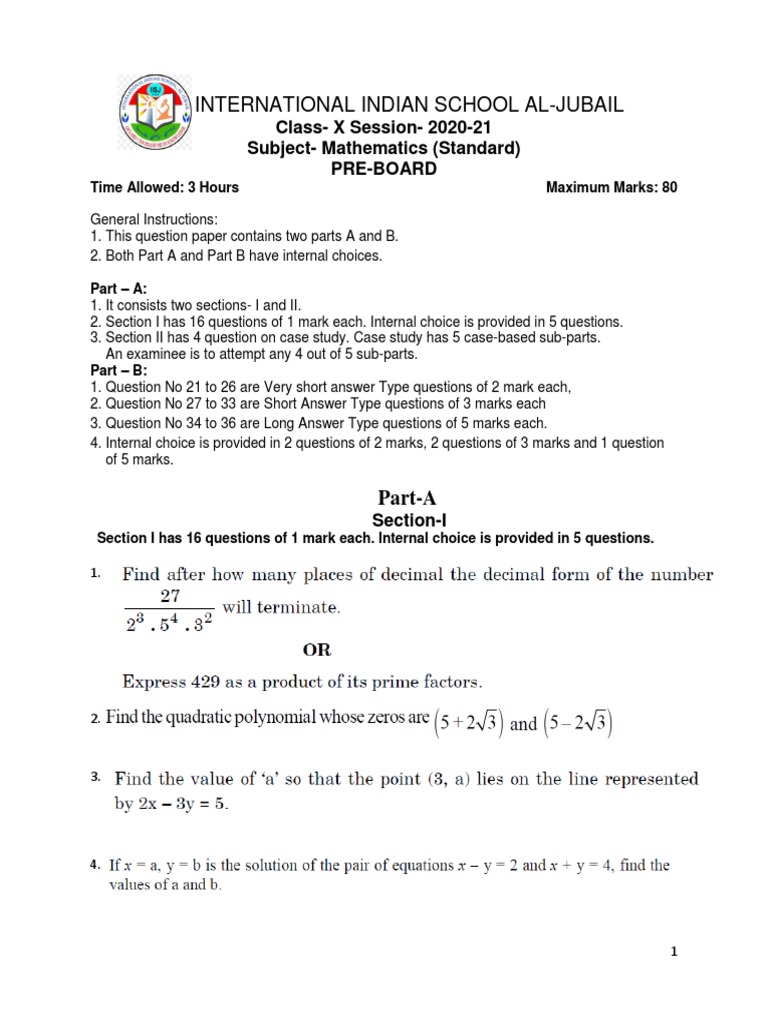 Pre Board Standard Mathematics Class X Question Paper 2020-2021 | PDF | Mode (Statistics)